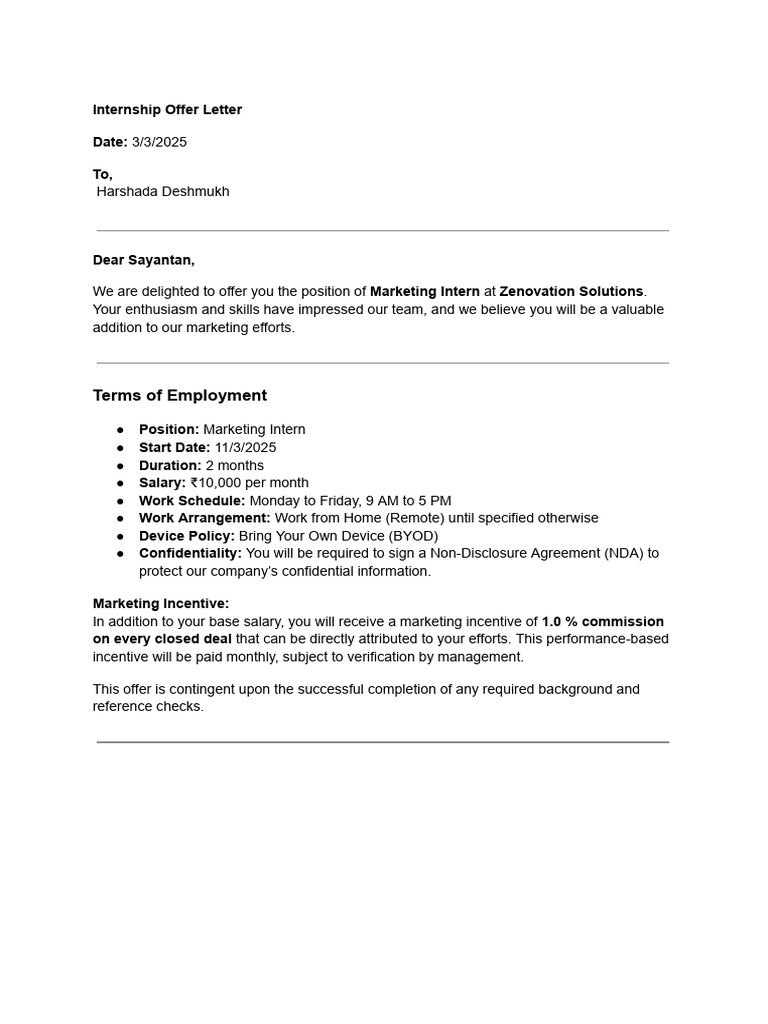 Marketing Intern Offer Letter Template | PDF