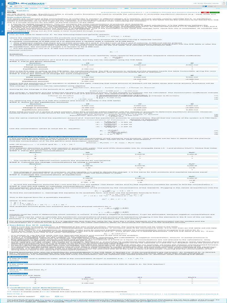 ICE Tables - Chemistry LibreTexts | PDF | Chemical Equilibrium ...