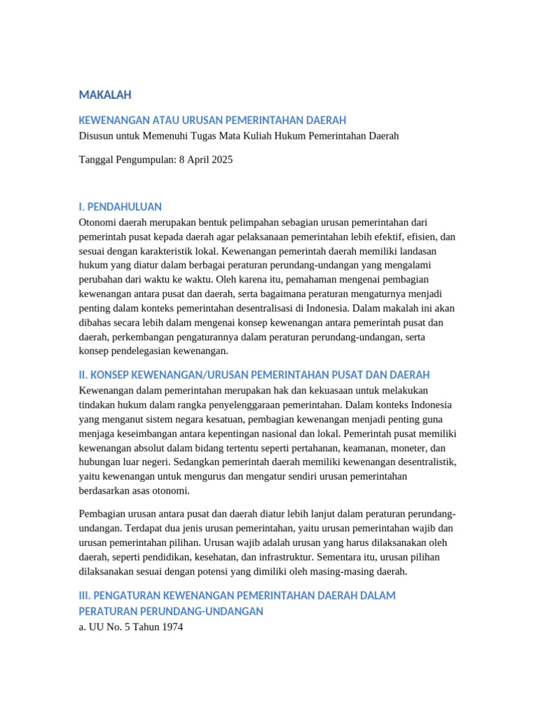 Makalah Kewenangan Pemerintahan Daerah | PDF