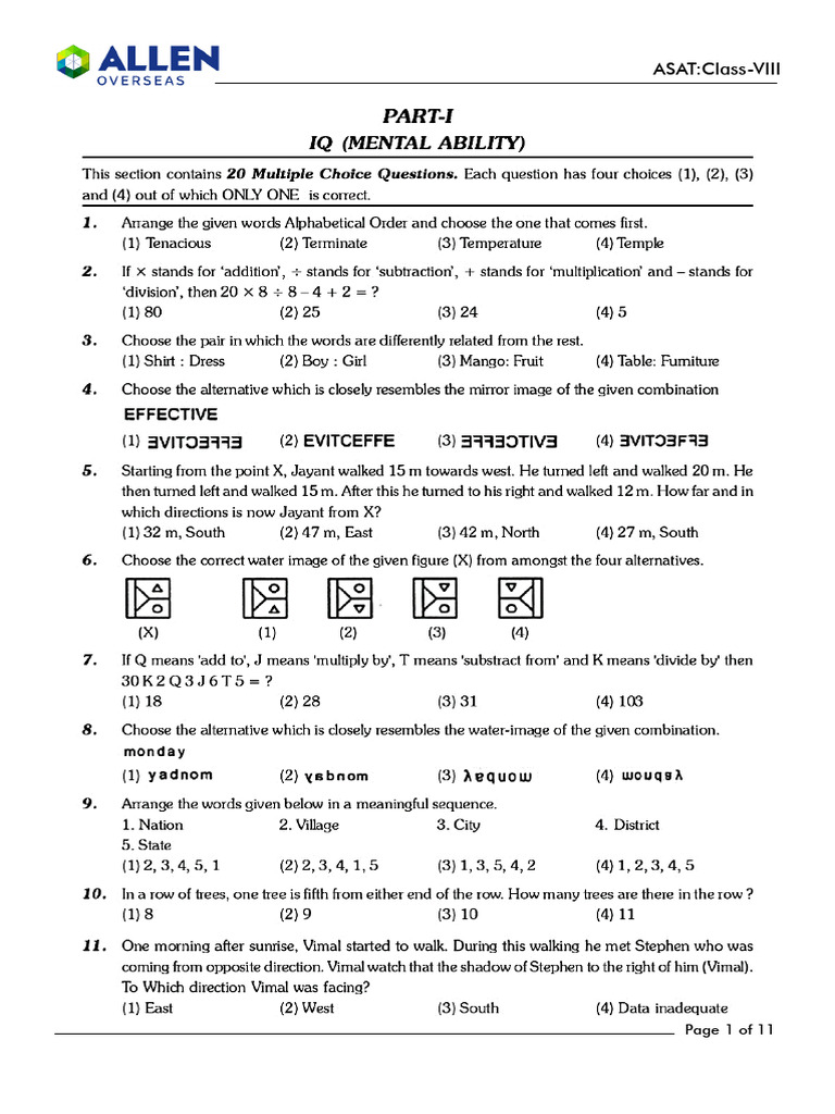 Offline - ASAT - Overseas - Sample Paper - Class-VIII | PDF