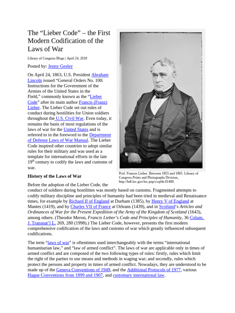 The "Lieber Code" - The First Modern Codification of The Laws of War | PDF | Law Of War ...
