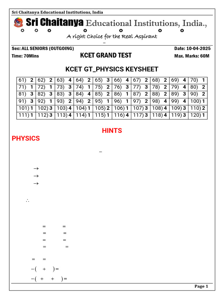 KCET Physics Grand Test Answer Key | PDF | Physics | Mechanics