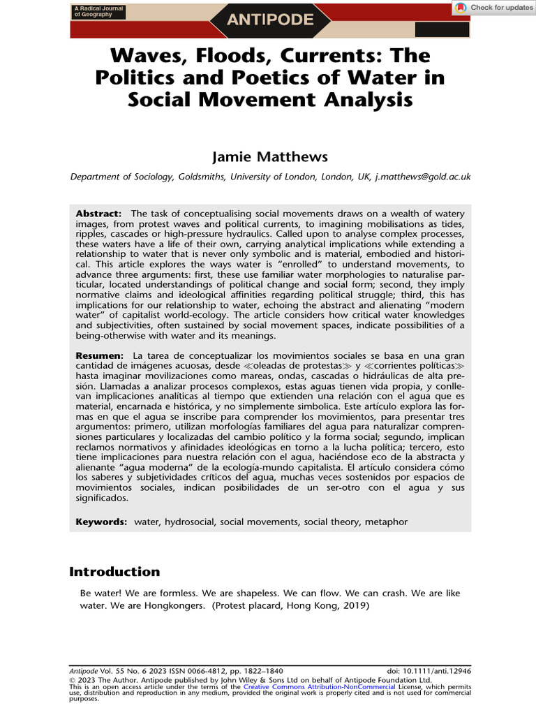 Antipode - 2023 - Matthews - Waves Floods Currents The Politics and Poetics of Water in Social ...