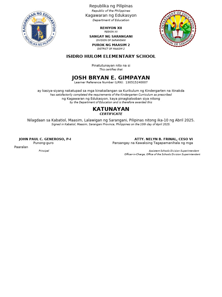 Deped Certificate Kindergarten | PDF