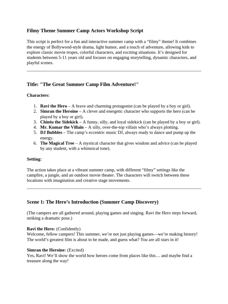 Filmy Theme Summer Camp Actors Workshop Script | PDF | Hero