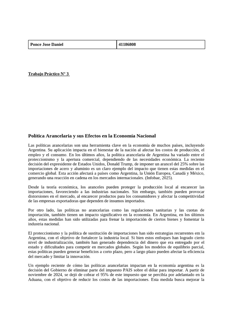 Ponce Jose Daniel TP3 | PDF | Arancel | Proteccionismo