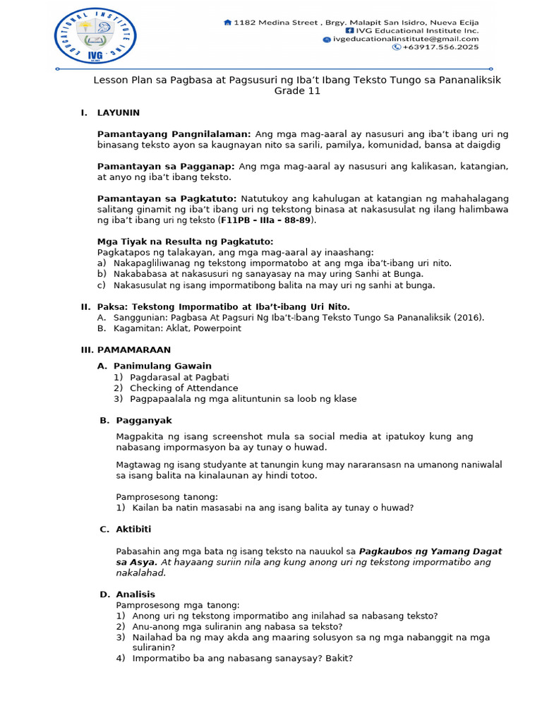 Lesson Plan Sa Pagbasa at Pagsusuri | PDF