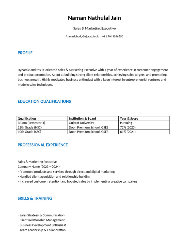 Naman Nathulal Jain Professional Resume | PDF