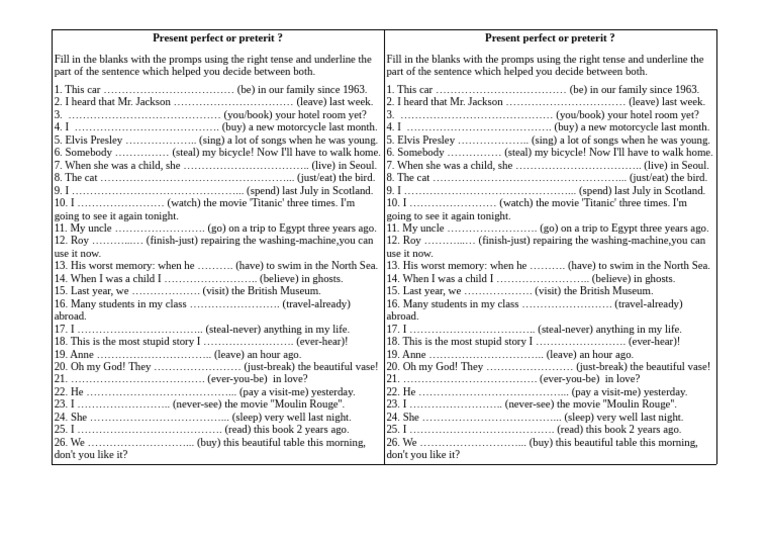 Present Perfect vs Preterit Exercises | PDF | Language Mechanics ...