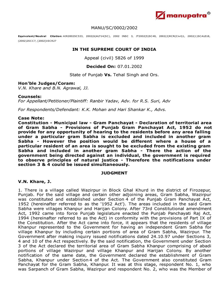 State of Punjab Vs Tehal Singh and Ors 07012002 Ss020002COM177257 | PDF ...