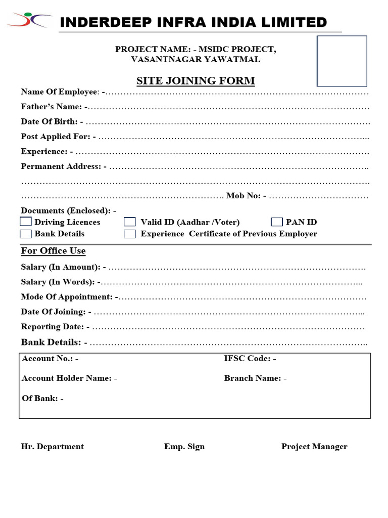 Inderdeep Infra India Employee Form | PDF