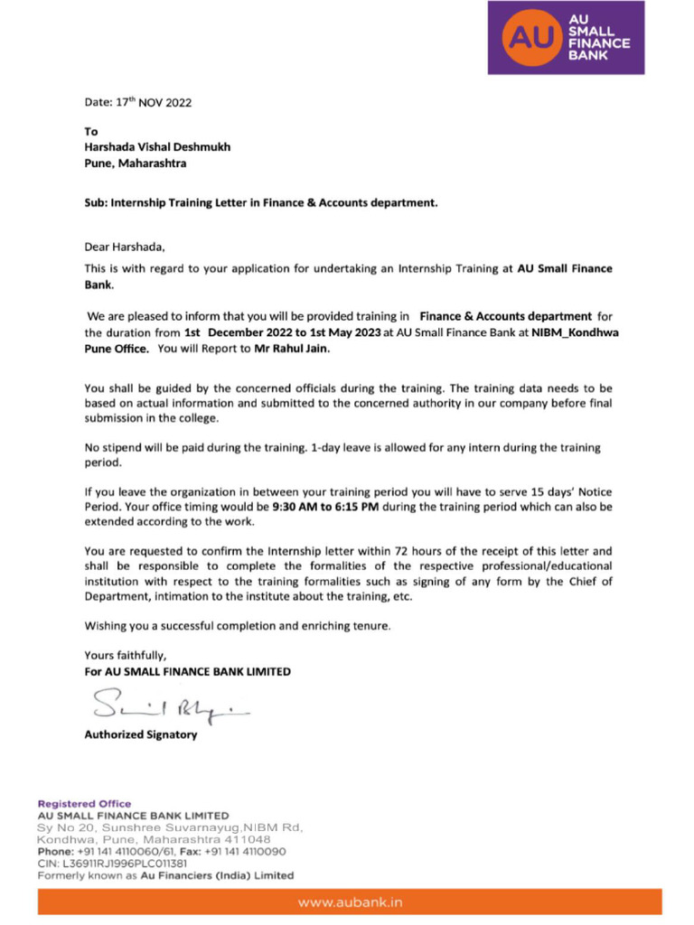 Au Bank Offer Letter | PDF