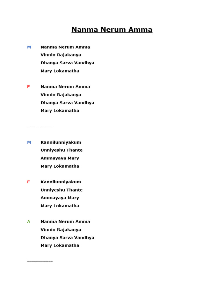 Nanma Nerum Amma Manglish Lyrics | PDF