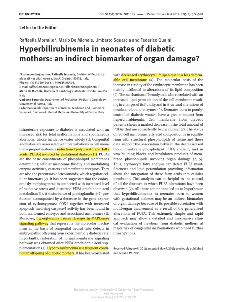 hyperbilirubinemia neonate diabetic | PDF | Polyunsaturated Fat | Cell ...