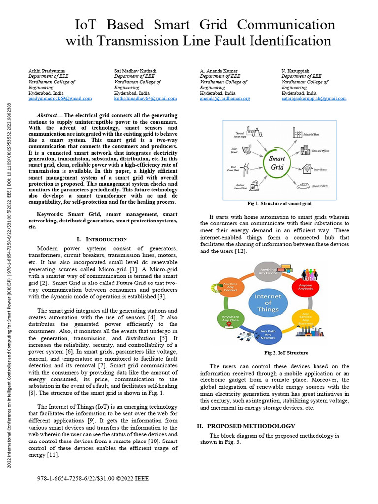 IoT Based Smart Grid Communication With Transmission Line Fault Identification | PDF | Smart ...