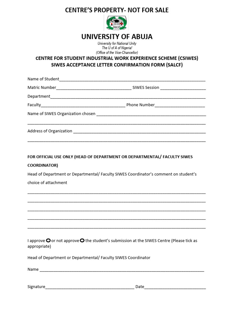 Siwes Acceptance Letter Confirmation Form - Salcf | PDF