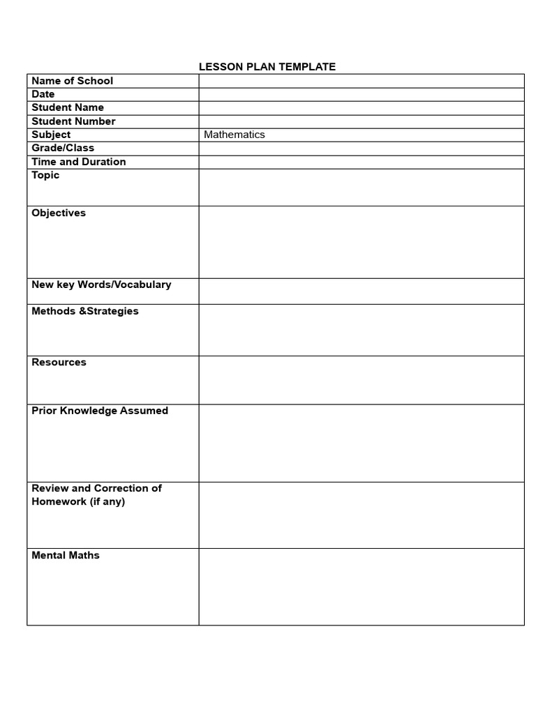 Mathematics Lesson Plan Template | PDF