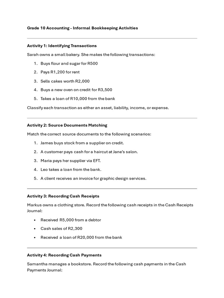 Grade 10 Accounting informal bookeeping | PDF