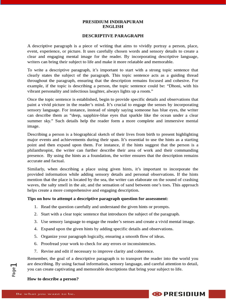 Writing Engaging Descriptive Paragraphs | PDF