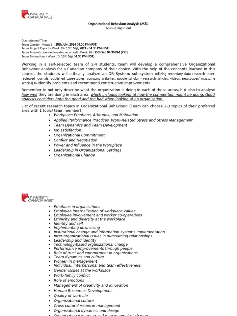 Organizational Behavior Team Project Guide | PDF | Organizational ...