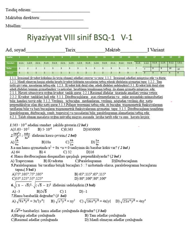 PAYLAŞMAYIN - RİYAZİYYAT VIII SİNİF. BSQ-1.Variant-1.FƏRQANƏ BABAYEVA | PDF