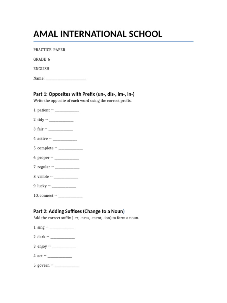 AMAL SCHOOL Grade 6 English Paper | PDF | Linguistic Morphology