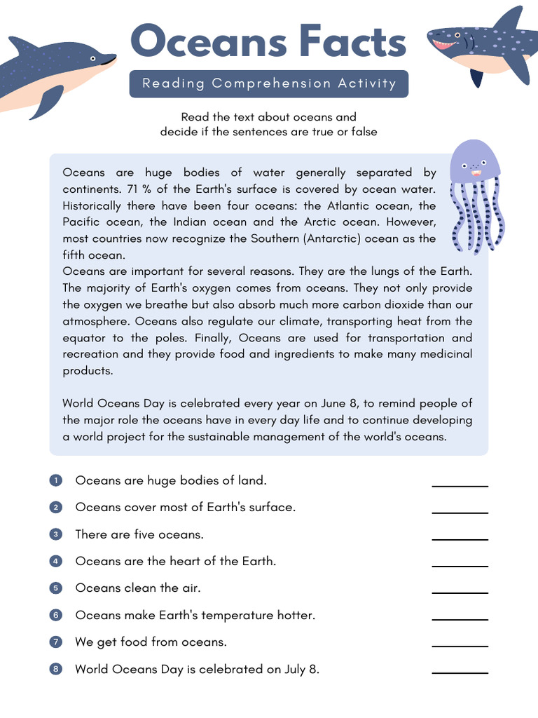 Oceans Facts Reading Comprehension Worksheet | PDF | Oceans | Earth