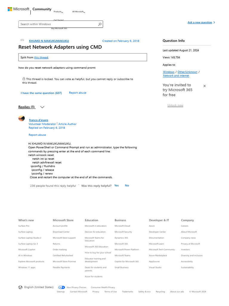 CMD Commands to Reset Network Adapters | PDF | Microsoft | Microsoft Azure