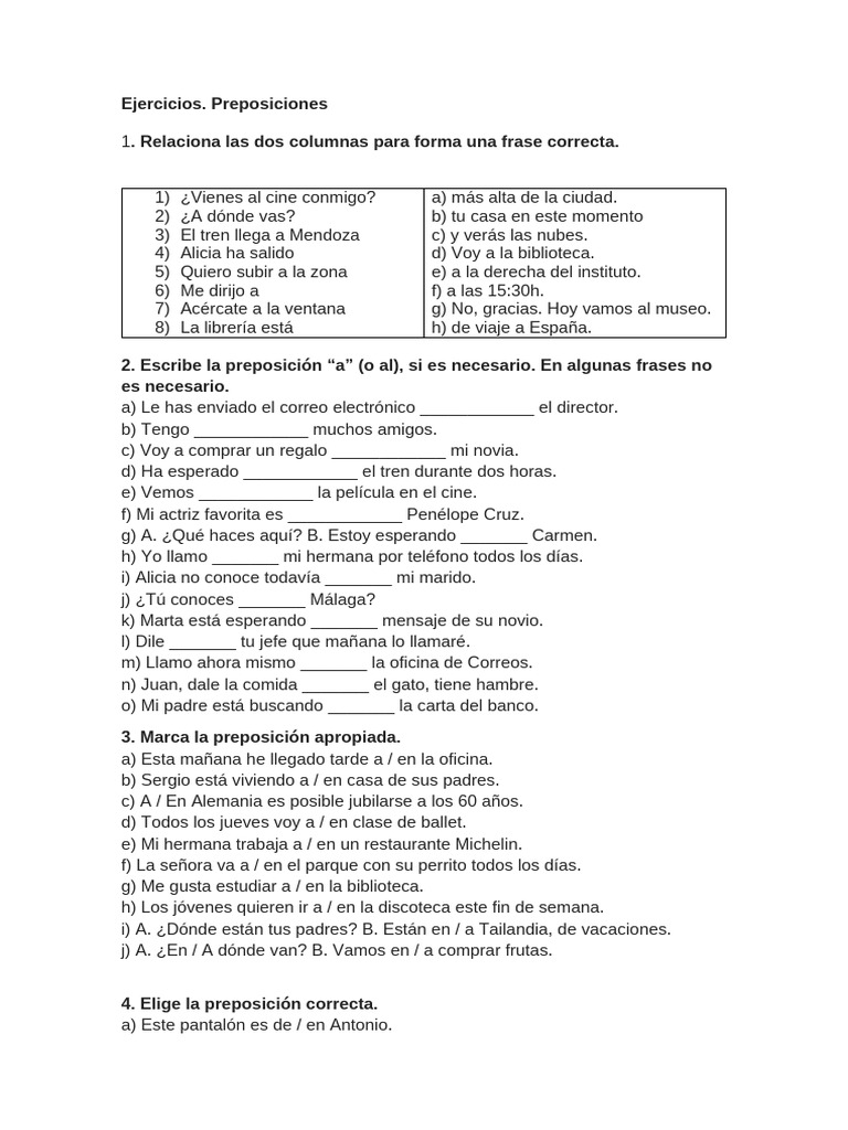 Ejercicios Preposiciones | PDF
