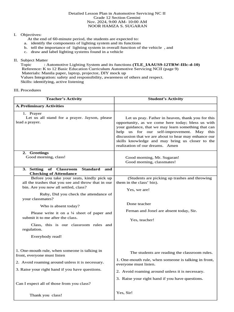 Detailed Lesson Plan in Automotive | PDF | Vehicles