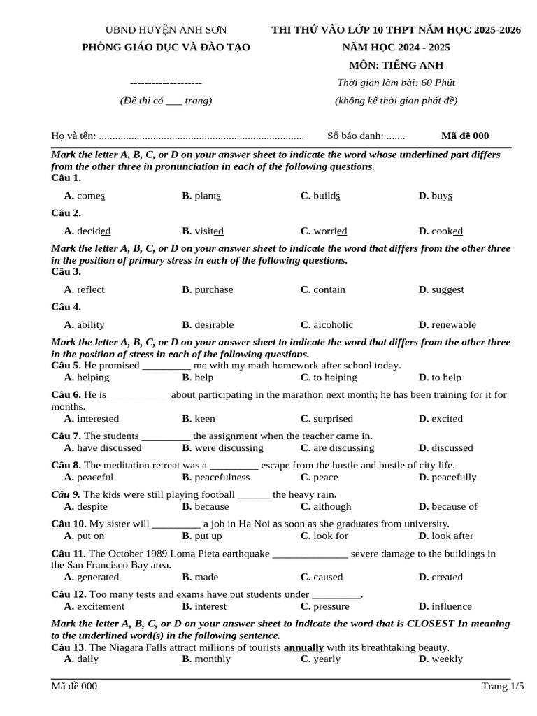 English Test for 10th Grade Admission | PDF | Tourism