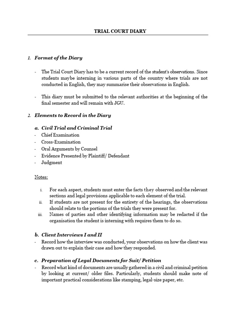 Trial Court Diary Expectation - MCTA - Spring 2025 | PDF