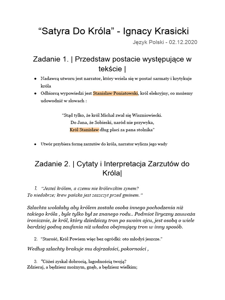 "Satyra Do Króla" - Ignacy Krasicki | PDF