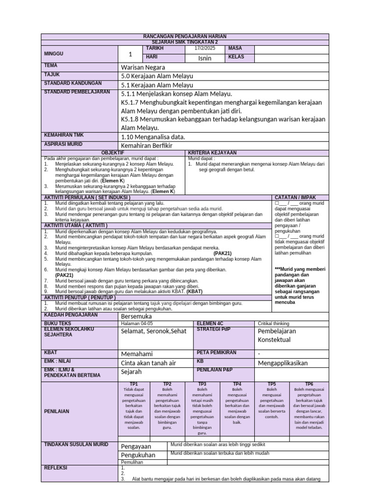 RPH Minggu 1 Sejarah SMK Tingkatan 2 2025 by Cikgu Gorgeous | PDF