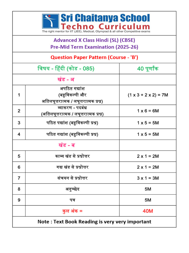 Advanced X Class Hindi (SL) (CBSE - Course - B) Pre-Mid Term QP Pattern (2025-26) | PDF