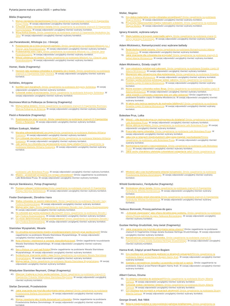 Pytania Jawne Matura Ustna 2025 - Pełna Lista: PDF | PDF