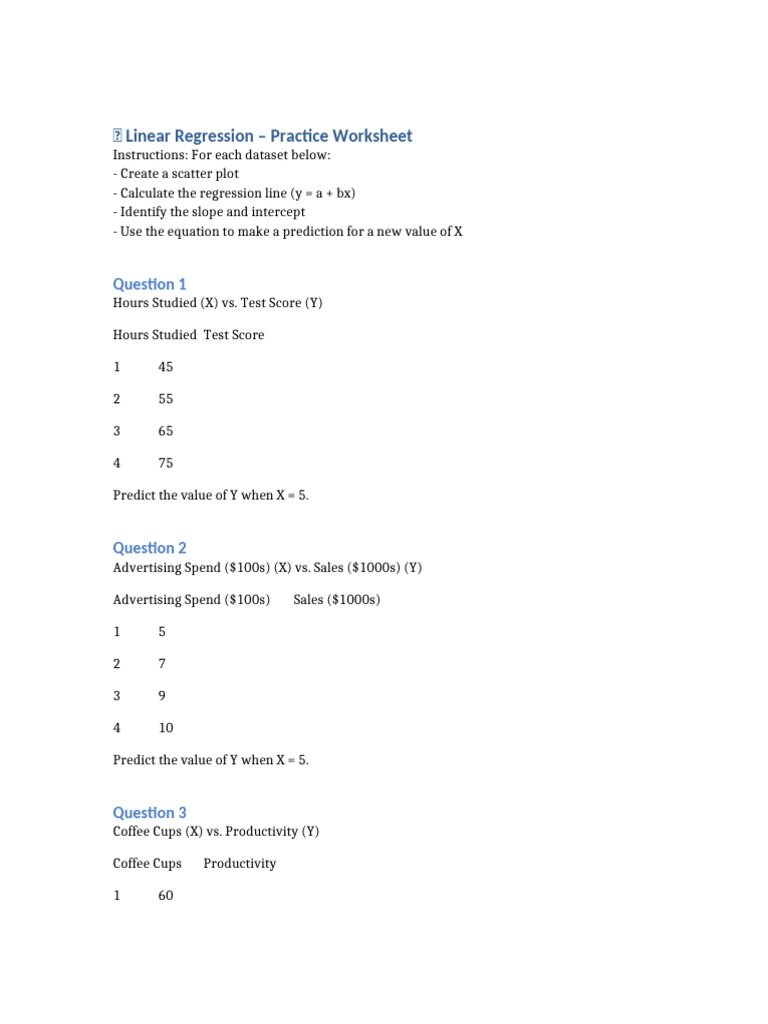 Linear Regression Worksheet 10 Questions REBUILT 1 | PDF
