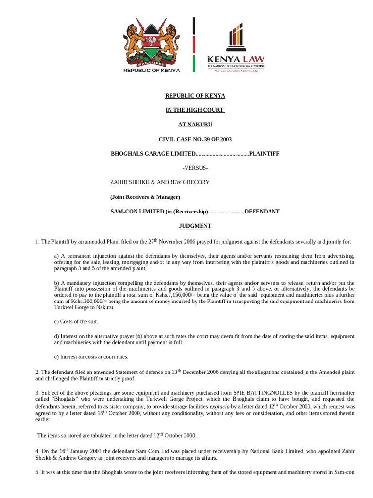 Bhoghals Garage Limited V Zahir Sheikh Andrew Grecory (Joint Receivers Manager) SamCon Limited ...