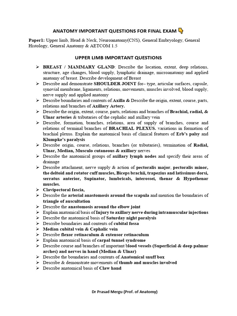Anatomy Exam Questions Overview | PDF | Hand | Vein