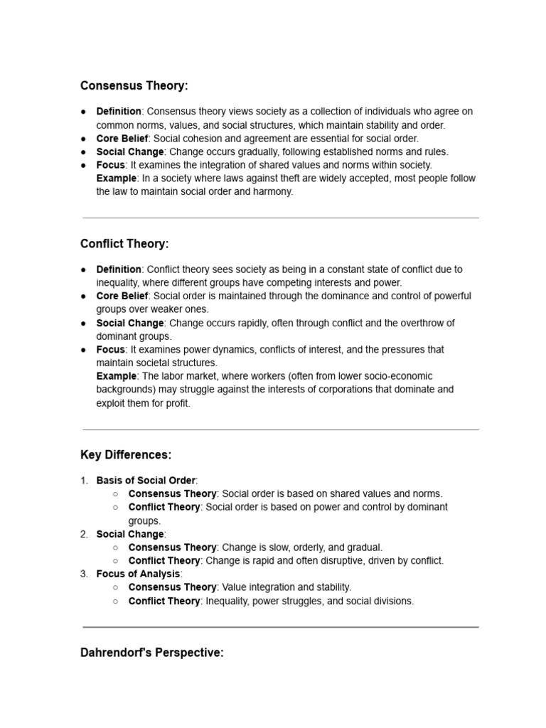Consensus vs. Conflict Theory Explained | PDF | Institution | Society