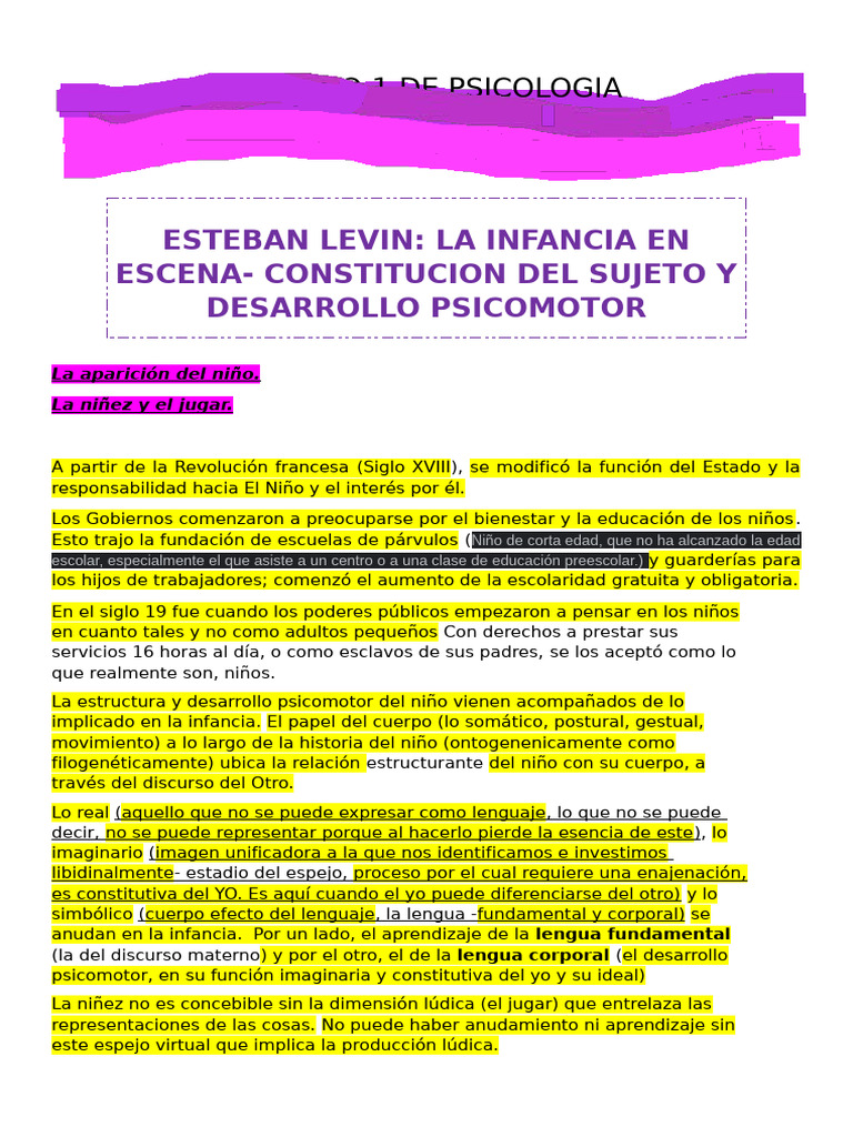 3 ESTABAN LEVIN- LA INFANCIA EN ESCENA- CONSTITUCION DEL SUJETO Y DESARROLLO PSICOMOTOR | PDF ...