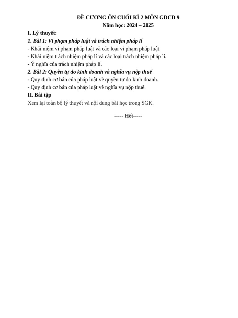 Đề Cương Ôn Tập Cuối Kì 2 Gdcd 9 24-25 | PDF