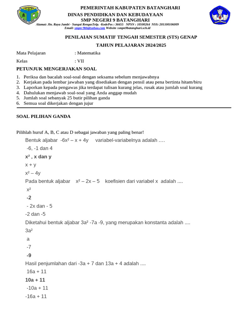 Psts MTK Kls 7 Genap 2024 - 2025 | PDF
