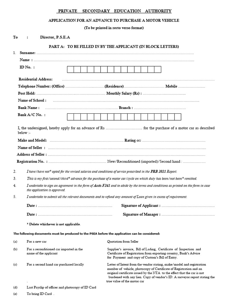 Application For An Advance To Purchase A Motor Vehicle - PRB 2021 | PDF