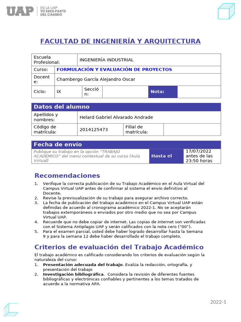 Epii-Ta-9-Formulacion y Evaluacion de Proyectos 2022-1 1703-17501 | PDF ...