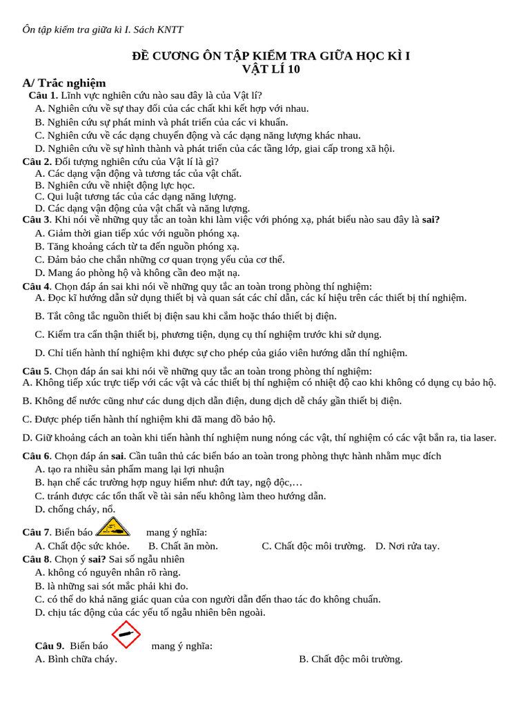 De Cuong On Tap Kiem Tra Giua Ki I Vat Li 10 KNTT | PDF