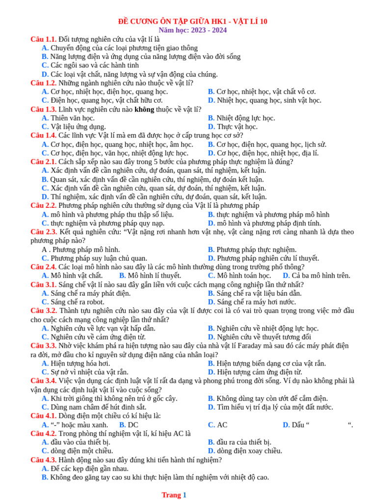 De-cuong-on-tap-giua-HK1-Vat-li-10 | PDF