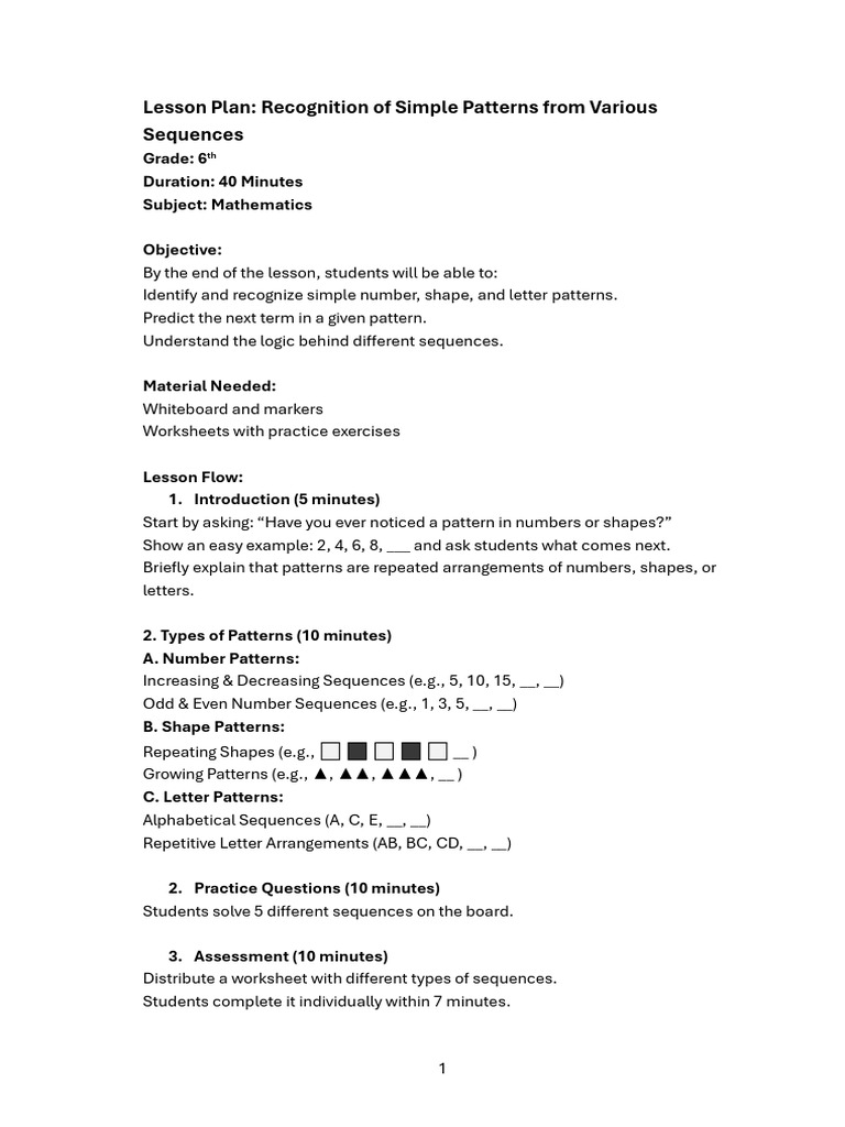 6th Grade Math Lesson Plans on Patterns and Algebra | PDF | Algebra ...