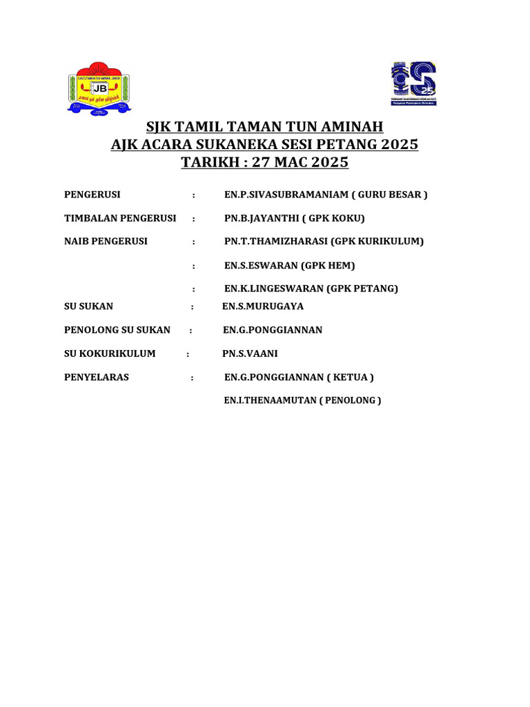 Jadual Dan Ajk Acara Sukaneka Sesi Petang 2025 | PDF