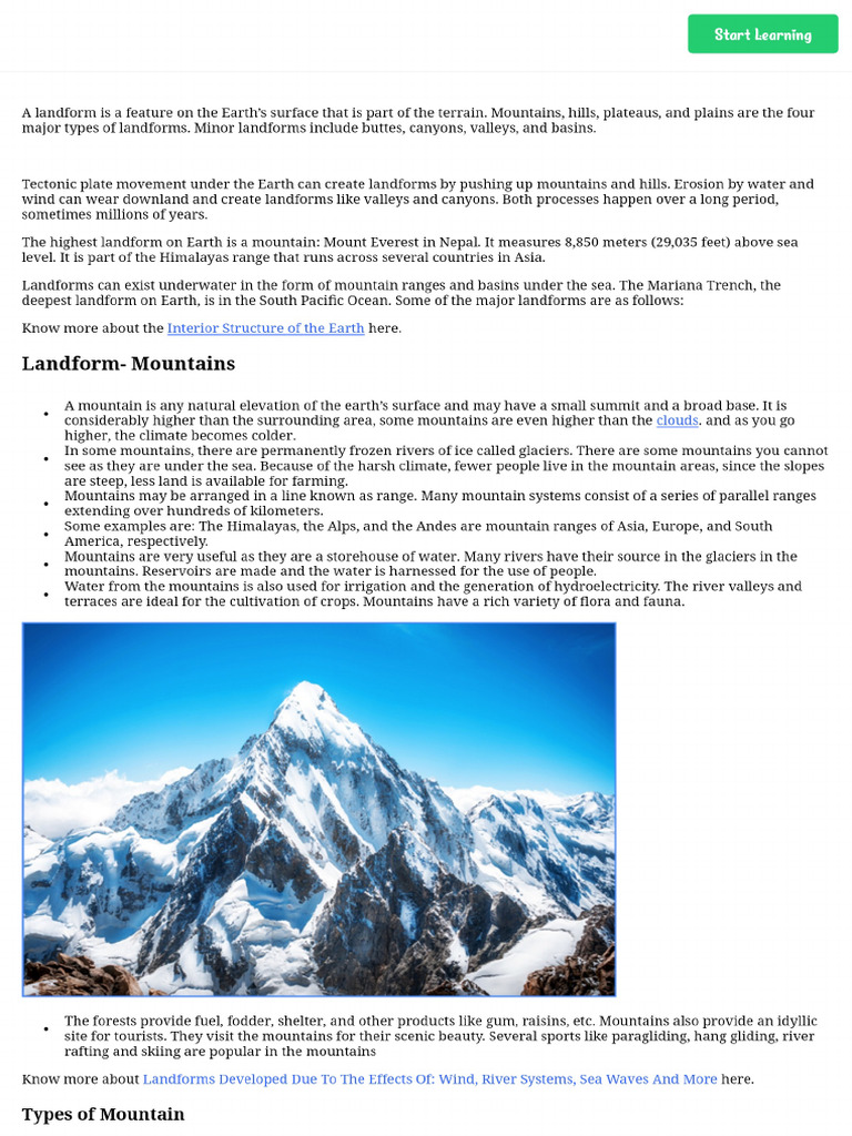 Landform_ Types of Mountains, Plateaus, Plains, Hills and More | PDF